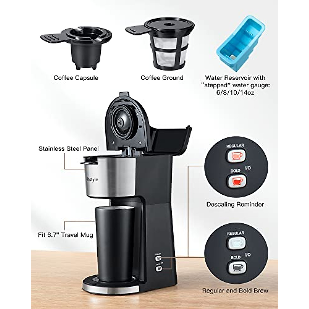 Tastyle Single Serve Coffee Maker for K Cup & Ground Coffee, Regular and Bold Brew Options, Small Coffee Machine Single Cup with Descaling Reminder, Fits Travel Mug, 6 to 14 Oz Brew Size, Black