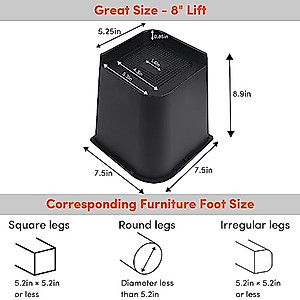 DEDU Bed Risers 8 Inch Heavy Duty 4 Pack, Furniture Risers for Sofas Oversized Supports Up to 11000 Lbs, Upgrade Couch Risers L Shape for Sofas, Couch, Desk or Chair (Black)