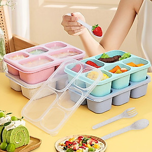 SIPOMU Bento Lunch Box, 5 Compartment Food Container Lunch Box Meal Prep Containers Wheat Straw Lunchbox Containers with Compartments Lids Microwave Safe Storage Boxes, Pack of 4