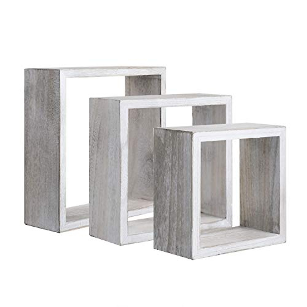 KMwares Set of 3 (12“/10”/8“) Rustic White Grey Paulownia Wood Square/Cube Farmhouse Floating Shelves Wall Mounted Storage/Bookshelf/Shadow Wall Boxes - Decoration for the Living Room, Bedroom, Office