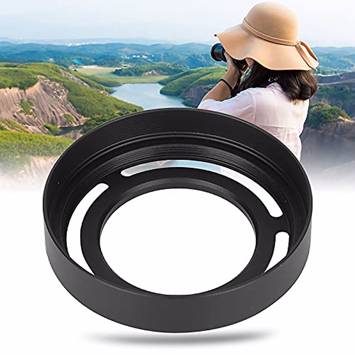 GOSHYDA Camera Lens Hood,Beautiful Appearance Hollow, Metal Compact Detachable, 52mm, with Centre Pinch Lens Cap, for Fuji X10/X20/X30(Black)