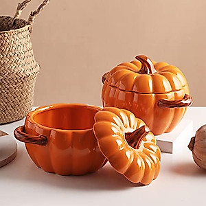 Yeexoxow Pumpkin Shaped Bowl 54 Oz, Pumpkin Bowl with Handles for Serving Soup, Ceramic Pumpkin Candy Dish with Lid, Orange