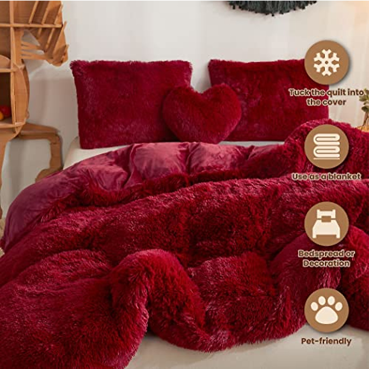 MEGO Luxury Shaggy Faux Fur Duvet Cover Set, Ultra Soft 3 PCS Fluffy Comforter Cover, Fuzzy Bedding Set King Size Quilt Cover(1 Plush Furry Duvet Cover + 2 Pillowcases), Zipper Closure(King, Red)