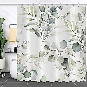 GCIREC Eucalyptus Leaf Shower Curtains, Sage Green Spring Botanical Watercolor Plants Bathroom Curtains Bathtub Home Decor Waterproof Fabric Machine Washable with 12 PCS Hooks
