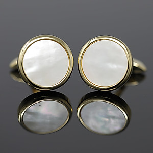 MENDEPOT Mother Of Pearl Cufflinks With Box Men Classic White Stone Cuff Links Wedding Groom Gift (Round A)