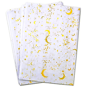 MR FIVE 100 Sheets Galaxy Tissue Paper Bulk,20" x 14",White with Gold Moon and Star Tissue Paper for Gift Bags,Star Gift Wrapping Tissue Paper for Birthday,Christmas Holiday