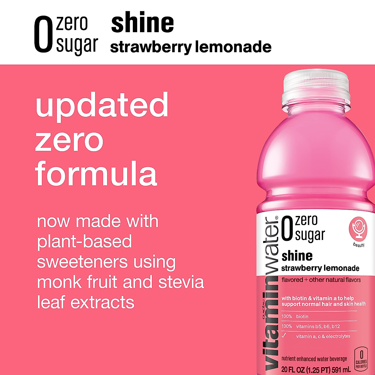 vitaminwater zero sugar shine, electrolyte enhanced water w/ vitamins, strawberry lemonade drinks, 20 fl oz, 12 Pack