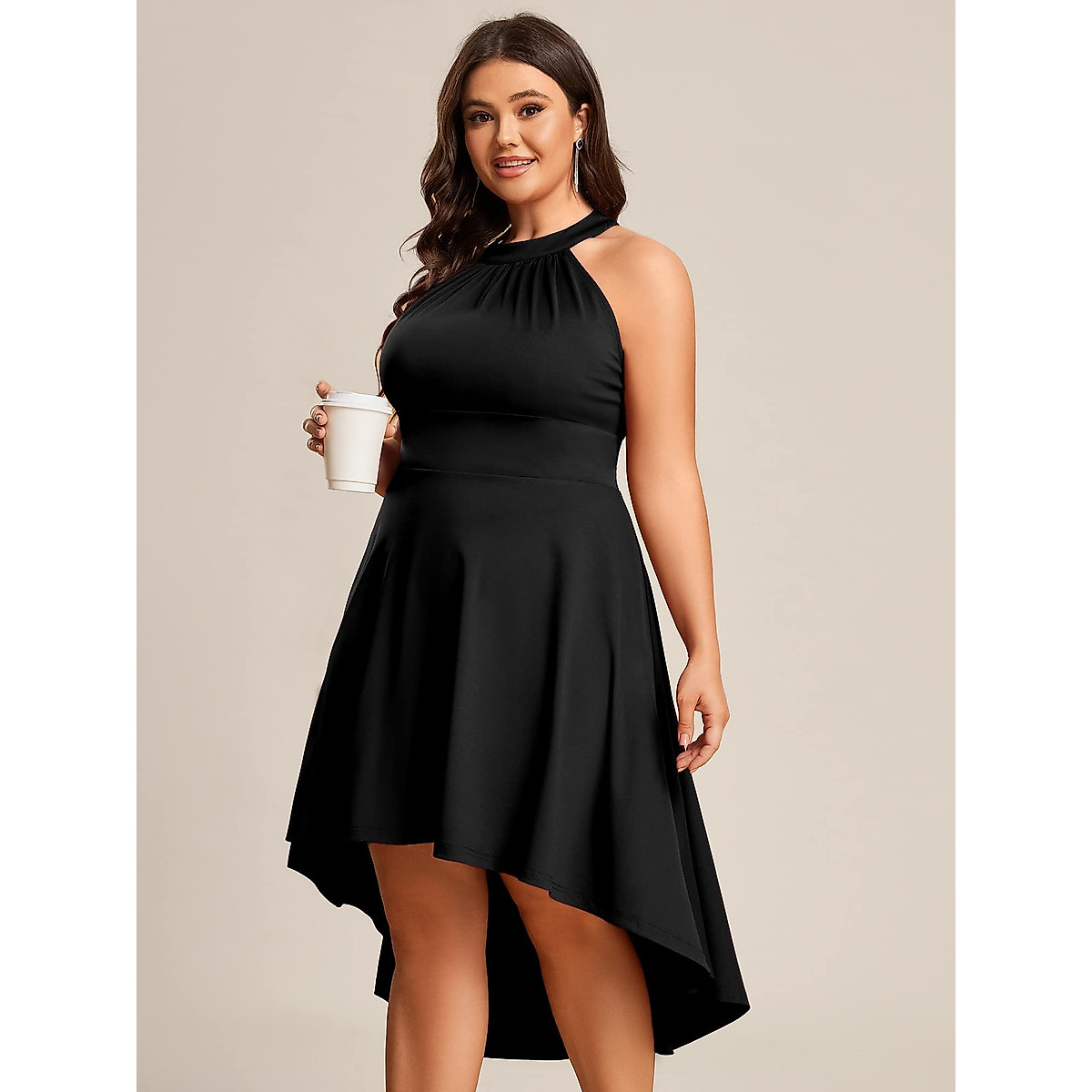 Ever-Pretty Women's Plus Size A-Line Sleeveless High Low Halter Semi Formal Dresses for Women Black XL