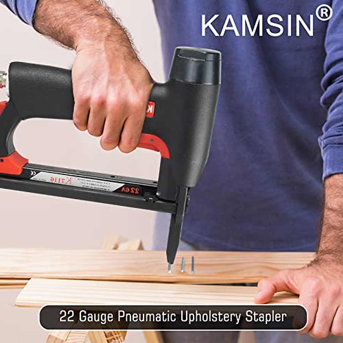 KAMSIN #7116L 22 Gauge Pneumatic Upholstery Stapler, 71 Series 3/8-Inch Crown Long Nose Air Power Fine Wire Staple Gun, 1/4-Inch to 5/8-Inch Leg Length Furniture Stapler for Fabric, Upholstering