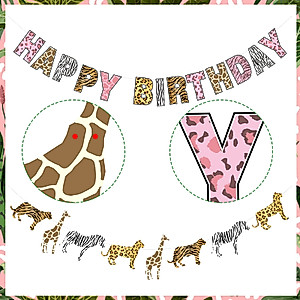 Safari Birthday Decorations Jungle Theme Party Supplies for Girl - Pink Cheetah Happy Birthday Banner, Animal Print Garland, Jungle Safari Animal Leopard Party Sign