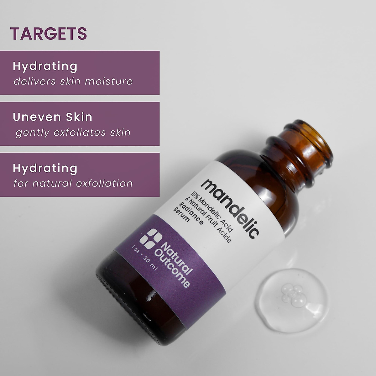 Natural Outcome Mandelic Acid 10% | Anti-Aging AHA Facial Serum with Hyaluronic Acid | Targets Fine Lines, Dark Spots, and Wrinkles | Clarifies Acne and Stimulates Natural Collagen Production | 1 Oz