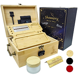 Shomory Wooden Smell Proof Stash Box with Rolling Tray Combo, Bamboo Large Locking Kit Glass Jar Paper, Secret Storage Herb Accessories