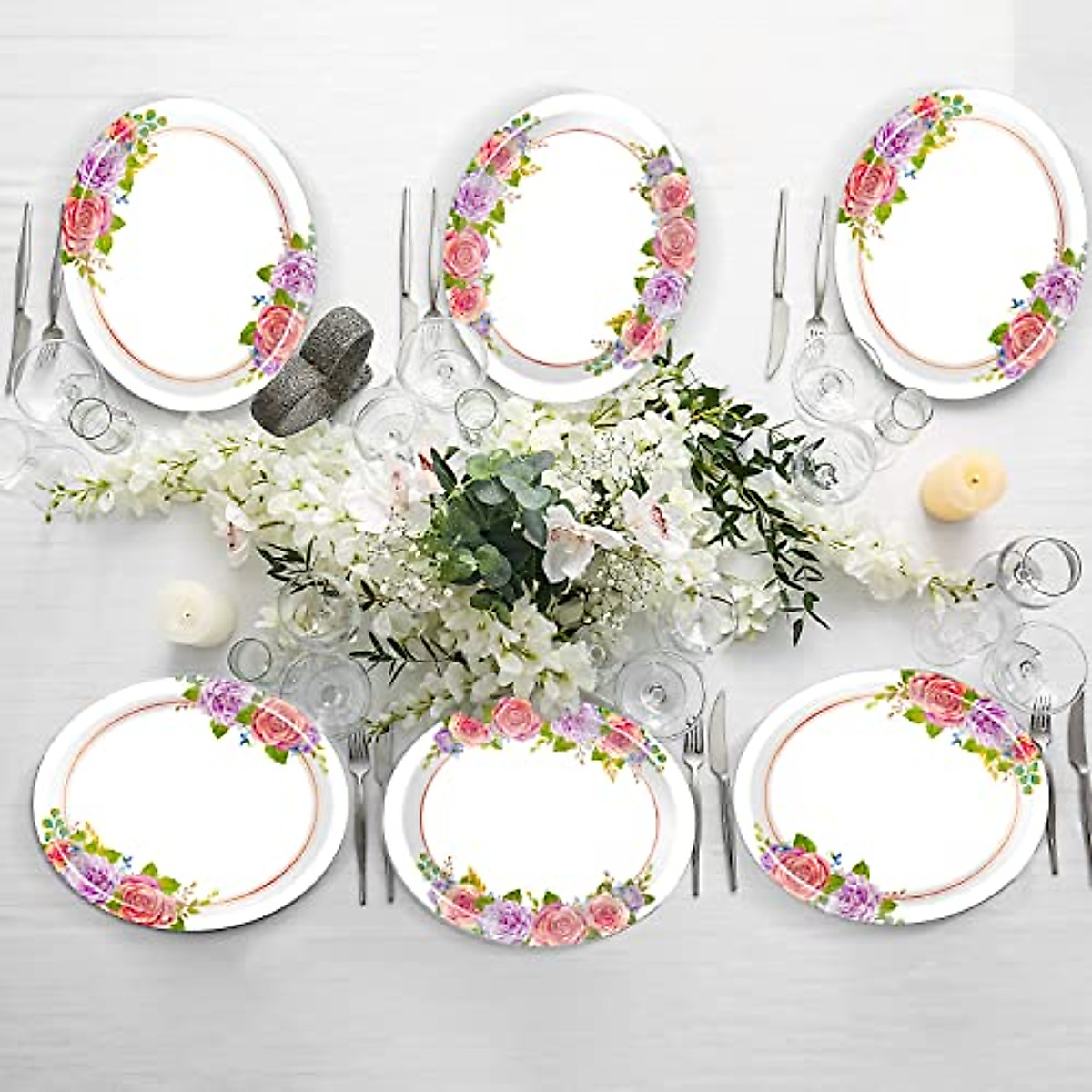 Qyeahkj 50 PCS Floral Oval Paper Plates Large 11” Disposable Pink Purple Flower Party Decorations Floral Supplies Favor for Spring Holiday Wedding Tea Party Tableware Set