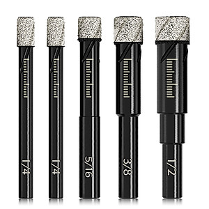 Dry Diamond Drill Bits Set 5 PCs for Granite Ceramic Marble Tile Stone Glass Hard Materials (not for Wood), Round Shank 1/4, 5/16, 3/8, 1/2 inch with Storage Case