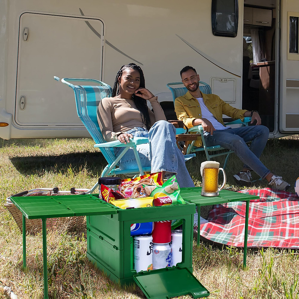 MOLOY ZOVM Folding Storage Box Collapsible Lidded Home Storage Bins Folding Table Camping Storage Box Multi Function Box Car Organizer Picnic (Green)