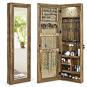 SRIWATANA Jewelry Armoire Cabinet, Solid Wood Jewelry Organizer with Full Length Mirror Wall/Door Mounted(Carbonized Black)