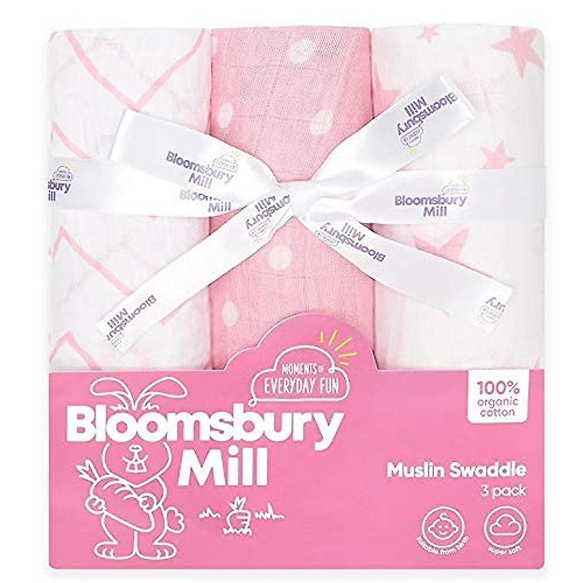 Bloomsbury Mill – Swaddle Blanket - Muslin Swaddle Blankets for Baby Girls and Boys - 100% Organic Cotton Baby Swaddles 3 Pack - Pink and White – 47” x 47”