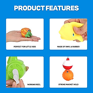 Magnetic Toddler Bath Toys - Kids Fishing Pool Game Set of 2 Fishing Poles, 8 Rubber Sea Animals, & Net - Water Toys with Mesh Organizer Bag