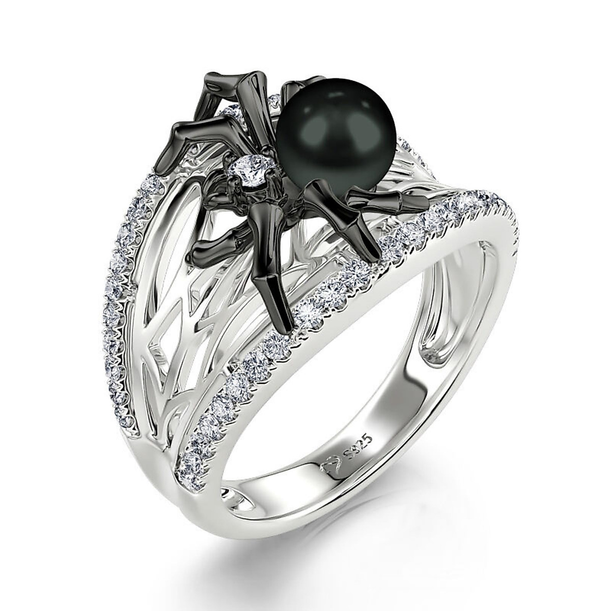 Jeulia 2.06ct Sterling Silver Black Skull Ring Women Men Spider Engagement Rings Pear Cut Red Diamond Skull Ring Gothic Black Pearl Spider Promise Ring Band Halloween Jewelry (Black Widow, J-½)