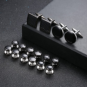 RnBLM JEWELRY 16 Pcs Cufflinks and Studs Set for Men Classic Tuxedo Shirt Cufflinks & Shirt Accessories Black&Silver Match for Business Wedding Formal Suit