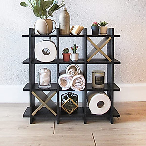 Large Black Tic Tac Toe Toilet Paper Holder Stand | Design Freestanding Bathroom Tissue Roll Storage Organizer | Wooden Bathroom Organizer | Over The Toilet Bathroom Storage Cabinet Wall Mounted