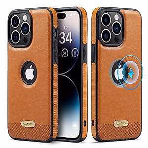 Casus Designed for iPhone 14 Pro Case Compatible with MagSafe Leather Slim Logo View Luxury Elegant Thin Protective Cover (2022) 6.1" - Brown