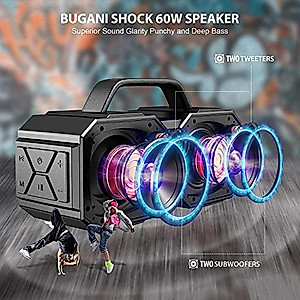 BUGANI Bluetooth Speaker, SHOCKW Portable Bluetooth Speaker, Bluetooth 5.3, Waterproof, Wireless Speakers, 60W Super Power, Outdoor Speaker, Black(New Model)