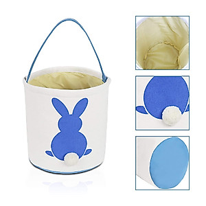 Easter Bunny Basket Bags Fluffy Tails Printed Rabbit Toys Bucket Totes & Carrot Cuff Guard Covers for Kids Canvas Carrying(Blue)