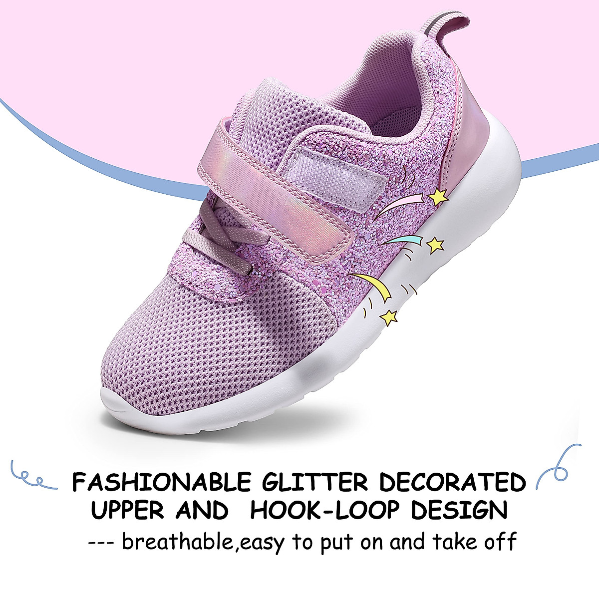 Harvest Land Kids Glitter Tennis Shoes Slip-On Toddler Fashion Sneakers Running Shoes with Woven Breathable Sports Shoes for Girls Hook-Loop Outdoor Casual, Purple, US2