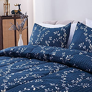Exclusivo Mezcla 3-Piece Queen Comforter Set, Microfiber Bedding Down Alternative Comforter for All Seasons with 2 Pillow Shams, Floral Pattern, Navy