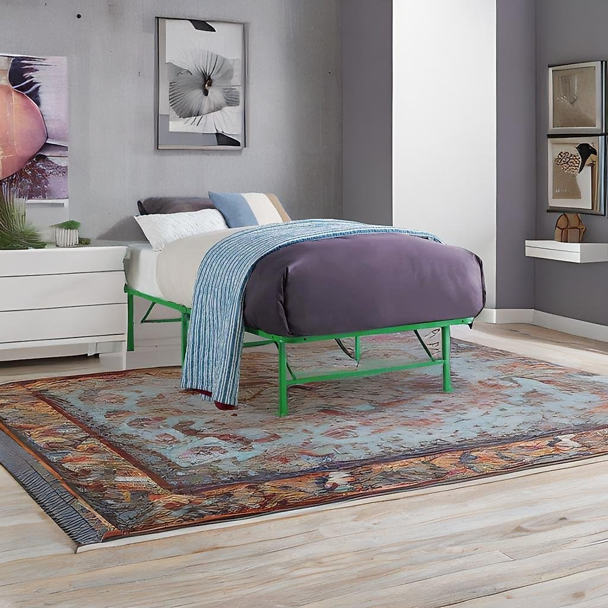 Ergode Horizon Metal Bed Frame | Stainless Steel | 14-inch Clearance | 1300 lbs Capacity | No Box Spring | Easy Assembly | Twin Size (MOD-5427-GRN-VV)