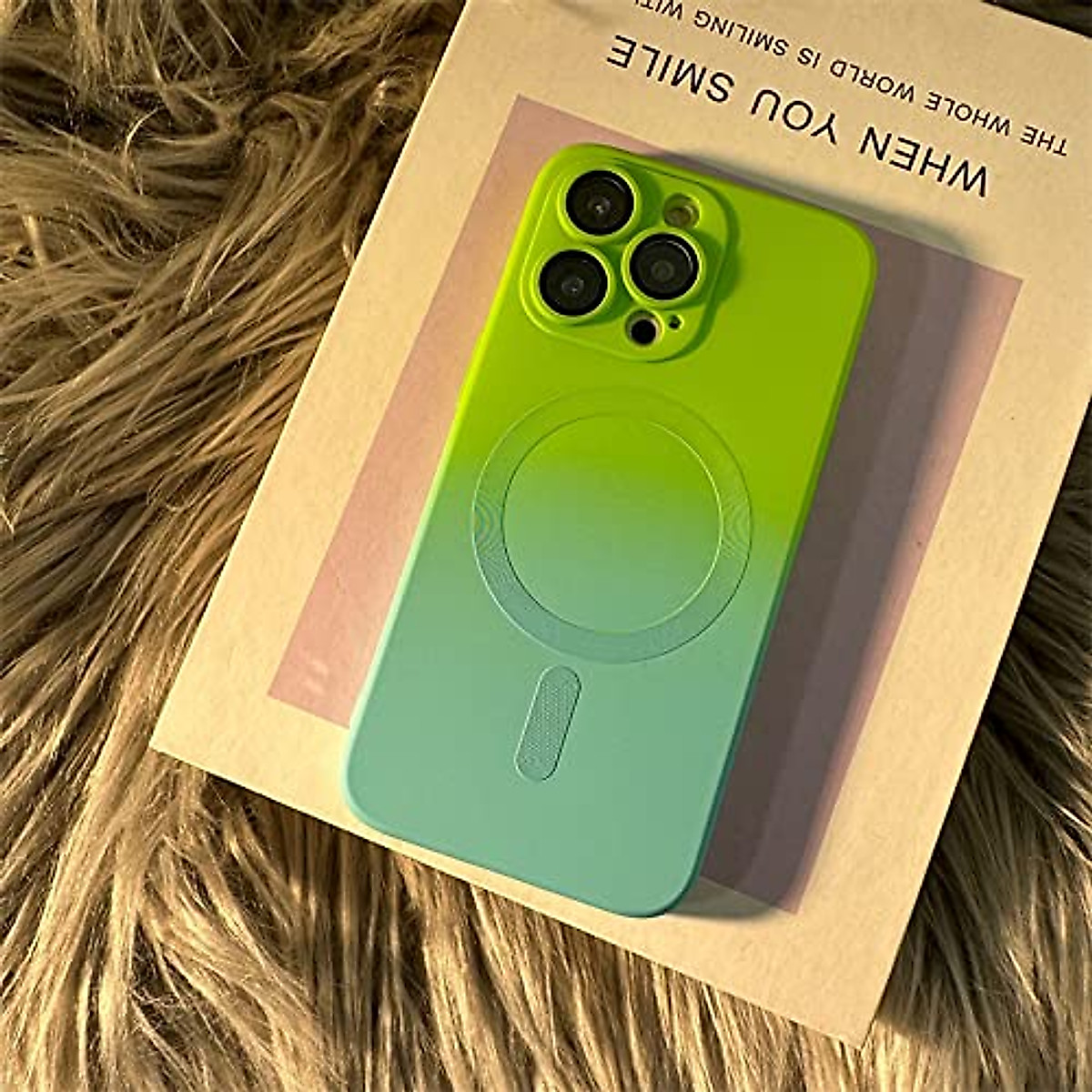 Ownest Compatible for iPhone 14 Pro Max Case with Magnetic Fitting for Magsafe Case Luxury Cute Soft Liquid Silicone Shockproof Full Camera Protector Cover Phone Case-Fluorescent Green