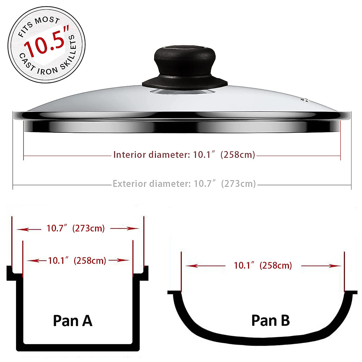 Glass Lid for Frying Pan, Fry Pan, Skillet, Pan Lid with Handle Coated, Fits Lodge 10.5 Inch Cast Iron Skillets10.5"/26cm, Clear
