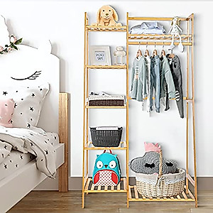 Jotsport Bamboo Clothes Rack with 7 Tier Storage Shelves Clothing Hanging Stand for Small Spaces Children's Wardrobe Closet, Multifunctional Plant Stand