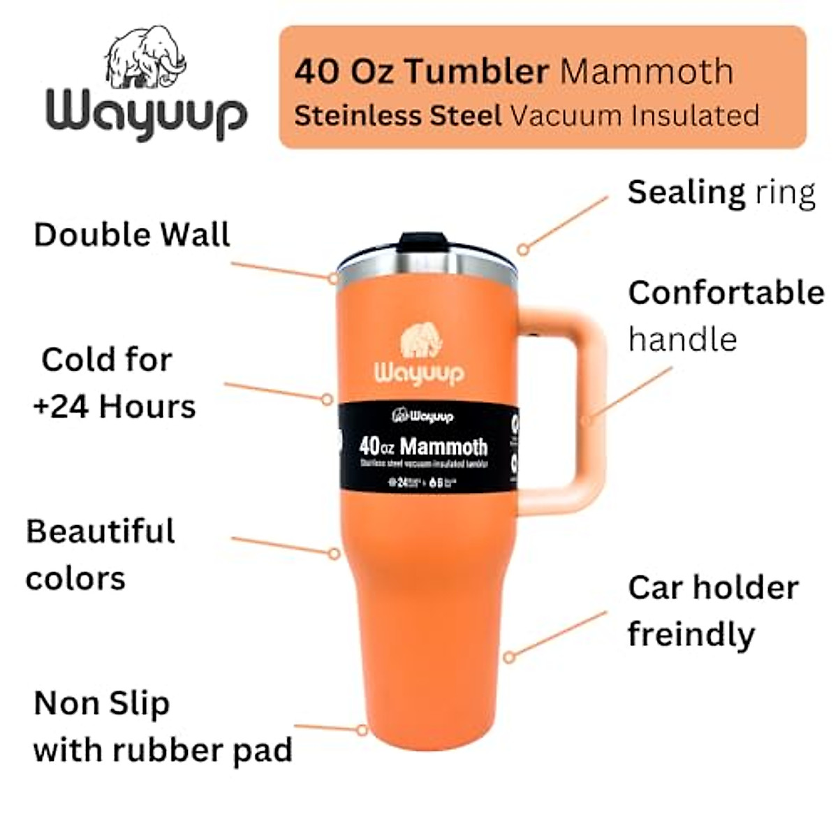 Wayuup 40 oz Tumbler with Handle and Straw Lid, Stainless Steel Vacuum Insulated Double Wall Water Bottle Leak-proof, Non Slip more than 24 Hrs or Hot for 6 Hrs (Tigger), WPM40