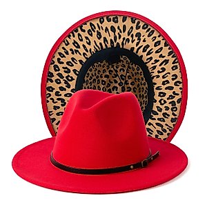 Gossifan Women Two Tone Wide Brim Fedora Felt Panama Hats Classic Belt Buckle Red/Leopard
