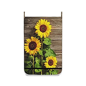 Sunflowers Wooden Board Door Hanging Laundry Hamper Bag Vintage Flowers Space Saving Wall Large Laundry Basket Storage Dirty Clothes Bags with Bottom Zippers Hooks For Bathroom Bedroom 1 Pcs