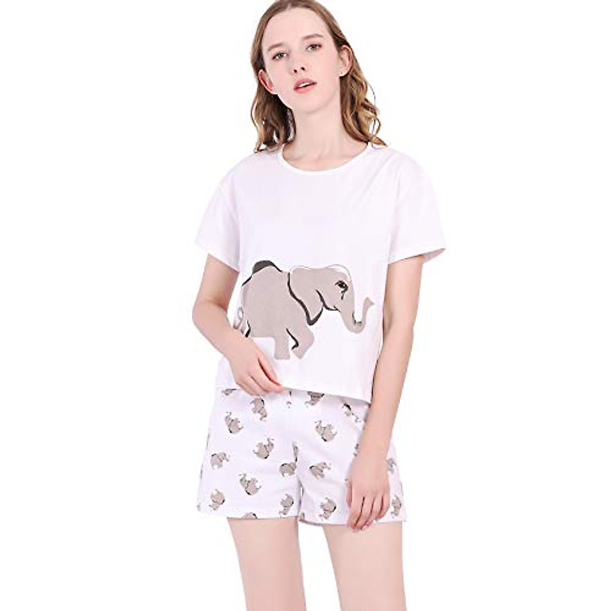 Sets Elephant Pajamas Women Summer Cotton Short Sleeve Tops Shorts PJS Pyjamas Sleepwear Nightwear Teen Girl (White, Medium)