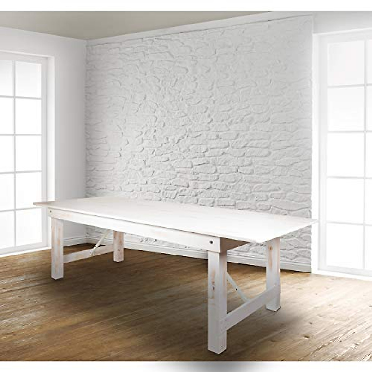 Flash Furniture HERCULES Series 9' x 40" Rectangular Antique Rustic White Solid Pine Folding Farm Table