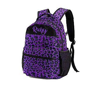 Deven Purple Glitter Leopard Print Personalized Kids Backpack for Boy/Girl Teen Primary School Daypack Travel Bag Bookbag