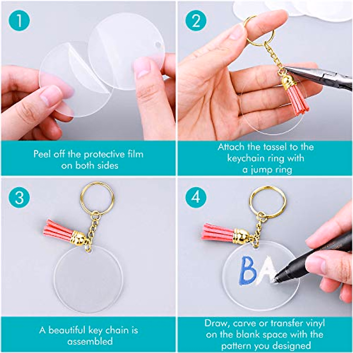 Acrylic Keychain Blanks, Audab 120pcs Blank Keychains for Vinyl Kit Including 30pcs Acrylic Discs, 30pcs keychain Tassels, 30pcs Gold Key chain Rings and 30pcs Jump Rings for DIY Keychain, Vinyl Craft
