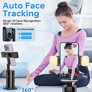 Auto Face Tracking Tripod with Rechargeable Fill Light with 6 Levels of Brightness, 360° Rotation Face Body Phone Camera Mount Gesture Control, Smart Shooting Holder for Vlog, Streaming, Video, Tiktok