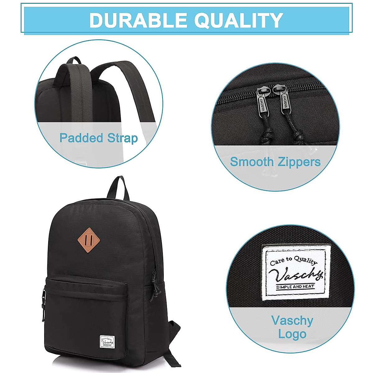VASCHY Lightweight Backpack for School, Classic Basic Water Resistant Casual Daypack for Travel with Bottle Side Pockets (Black)