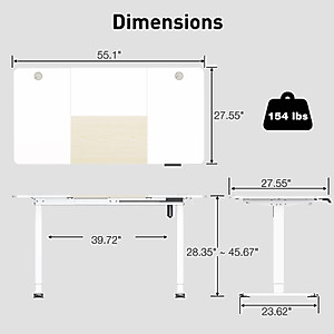 WOKA 55 x 28 Inch Electric Standing Desk, Height Adjustable Stand Up Desk, Sit Stand Desk with Memory Controllers, Adjustable Desk for Home Office with White and Oak Top and White Frame