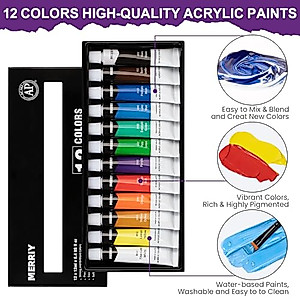 MERRIY Art Paint Set, Painting Supplies Kit with Tabletop Easel, 12 Colors Acrylic Paints,10"x 12" Stretched Canvas, Paint Brush Set, Premium Acrylic Paint Set for Adults Artists& Beginners, Age 15+