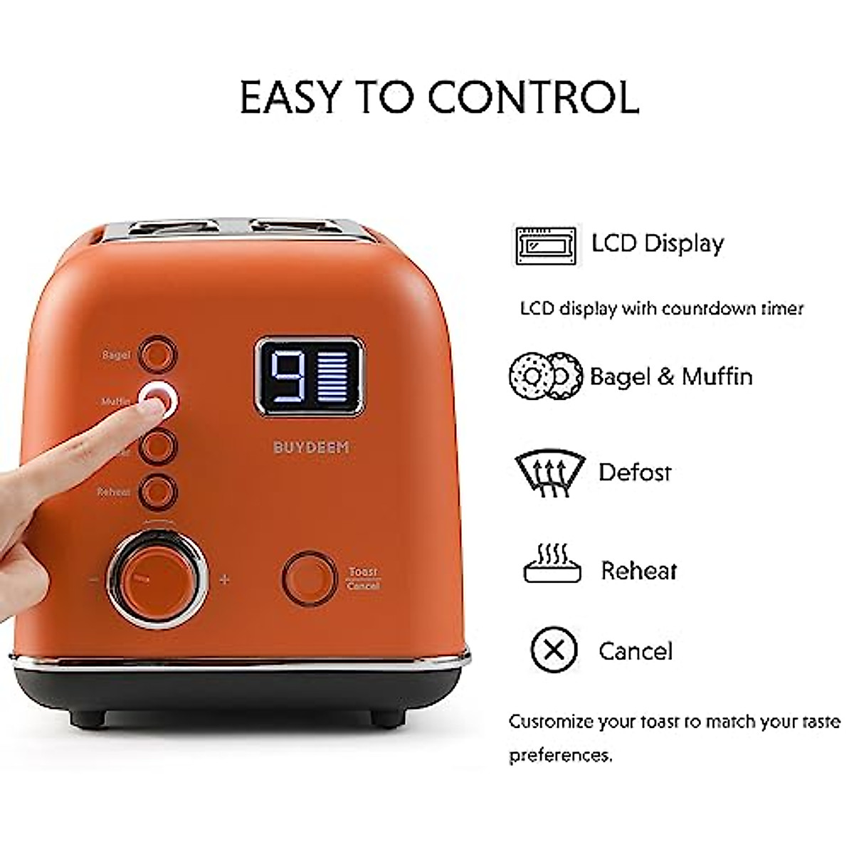 BUYDEEM DT730 Motorized Toaster, 2-Slice Smart Digital Leverless Toaster with LCD Countdown Timer, 9-Shade Settings for Toast, Bagels, Waffles, Muffins