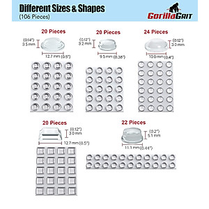 Clear Adhesive Bumper Pads 106-PC Combo Pack (Round, Spherical, Square) - Sound Dampening Transparent Rubber Feet for Cabinet Doors, Drawers, Glass Tops, Picture Frames, Cutting Boards