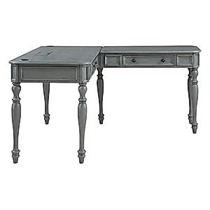 OSP Home Furnishings Country Meadows L-Shape Desk with 2 Full Drawers and Power Hub, Plantation Grey