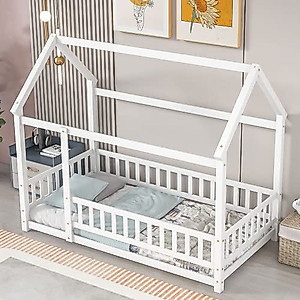 AnwickNomo Twin Size Floor Bed with Fence for Toddler, Montessori Bed with House Roof, Wooden Floor Bed Frame for Boy Girl Kids (White)