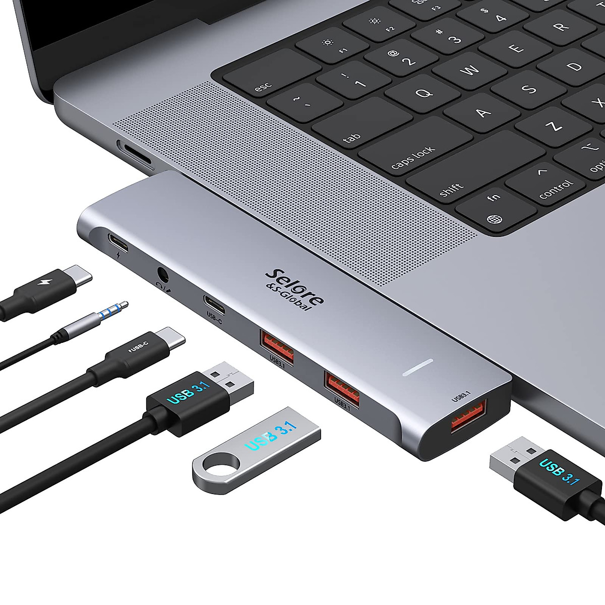 USB C Adapter for MacBook Pro/Air M1 M2 2023 2022 2021 13" 15" 16",USB C Hub 6 in 2 MacBook Pro Accessories with 10Gbps 3*USB 3.1,USB C Data Transfer,3.5mm Audio and 100W Thunderbolt 3 PD Port